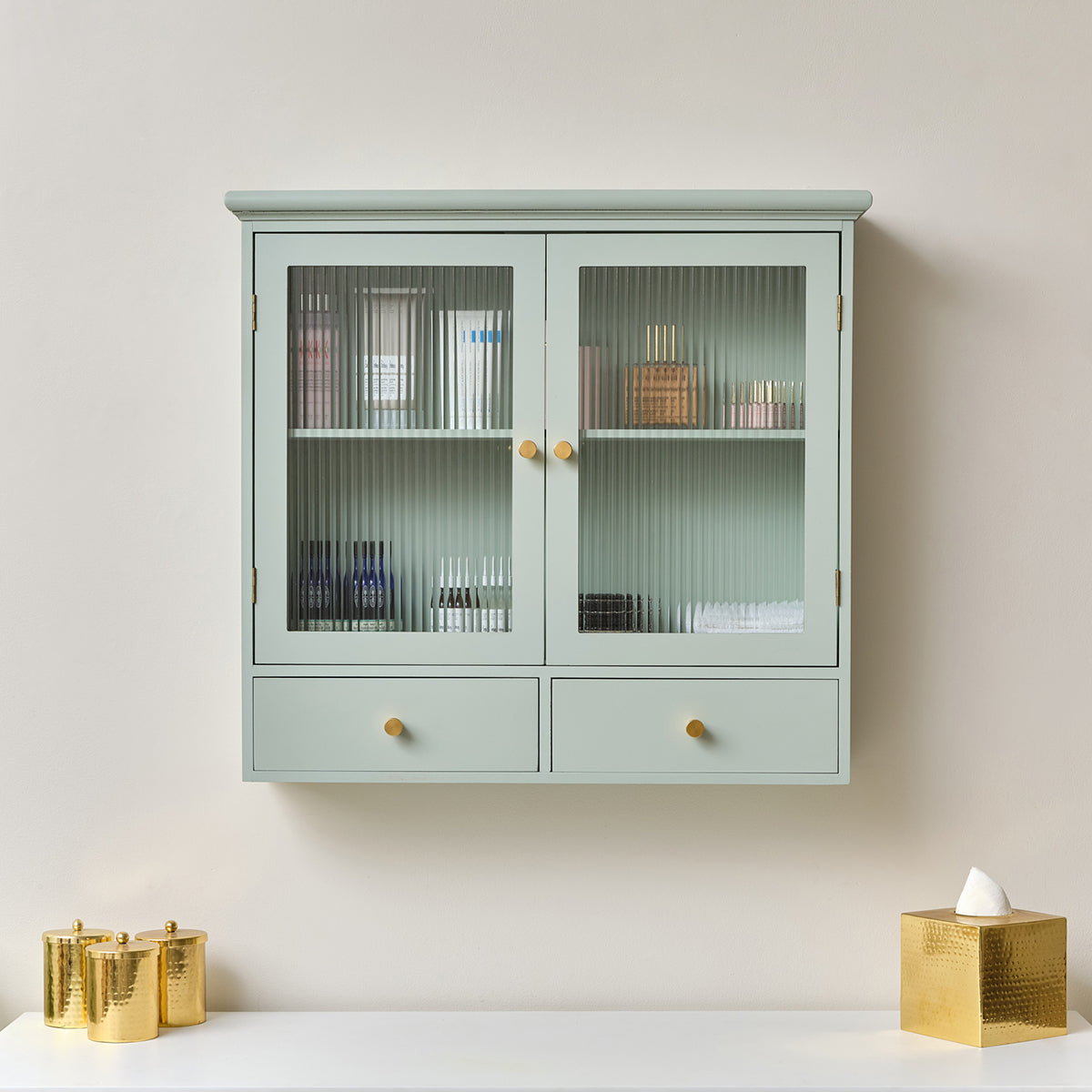 Sage Green Wooden Wall Shelf Unit with Drawers – Windsor Browne