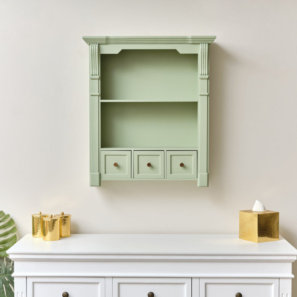 Sage Green Wooden Wall Shelf Unit with Drawers – Windsor Browne