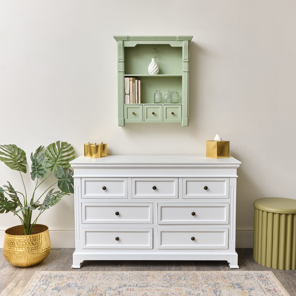 Sage Green Wooden Wall Shelf Unit with Drawers – Windsor Browne