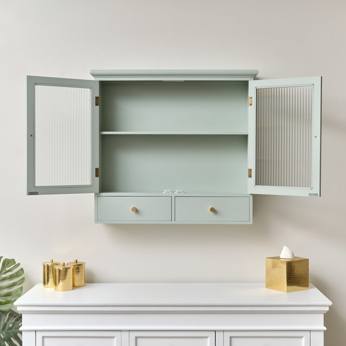 Sage Green Wooden Wall Shelf Unit with Drawers – Windsor Browne