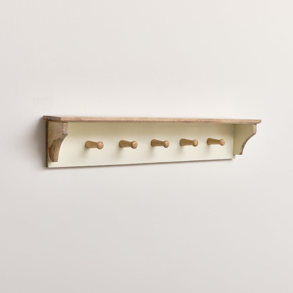 Wooden shelves with hooks store